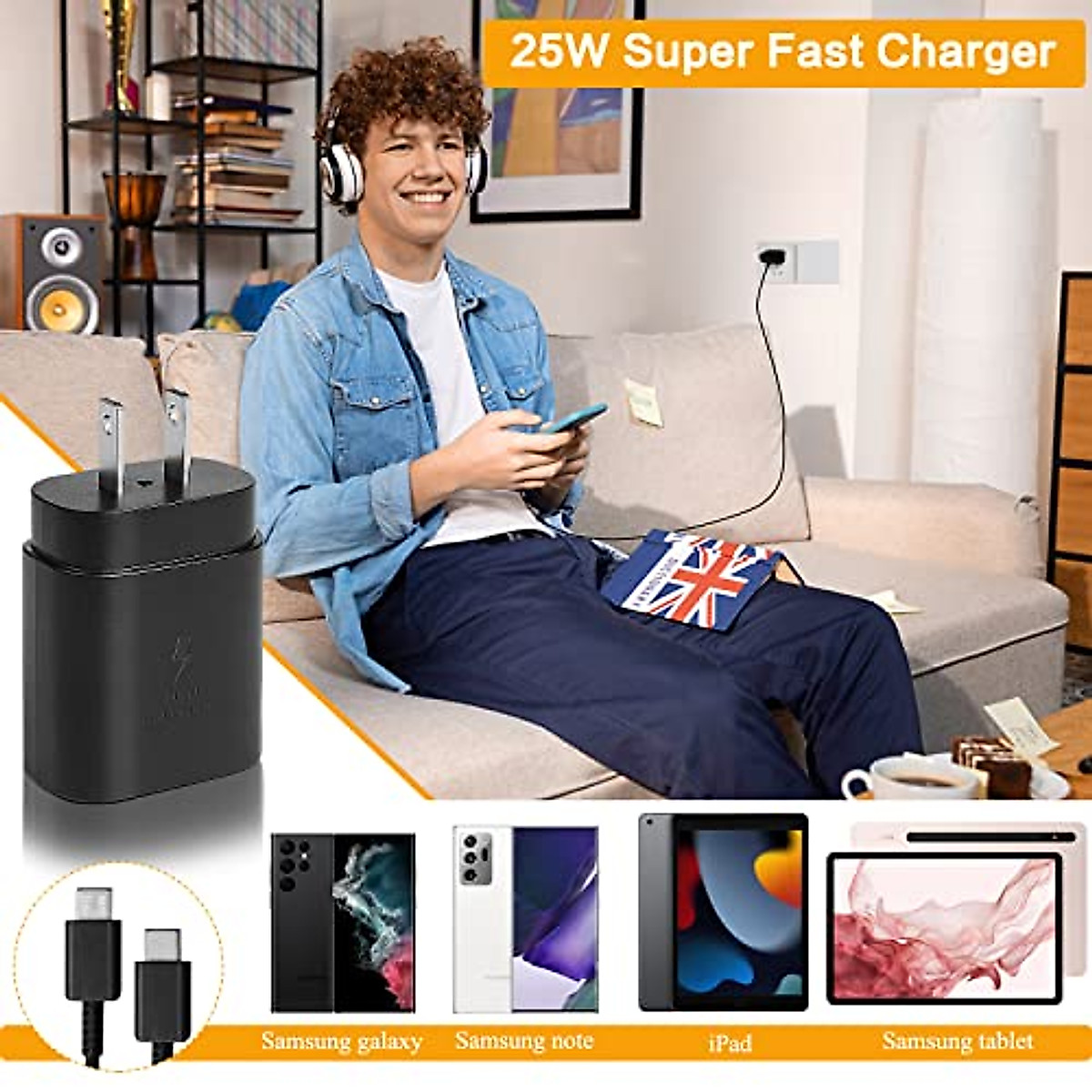USB C Superfast Charger, USB Type-C to USB Type-C Cable 5ft and 25W Wall Charger Fast Charging PD Adapter Compatible with Samsung Galaxy Ultra S23/S22/S21/S20+ Note 20/10 A71 A53 (2-Pack)