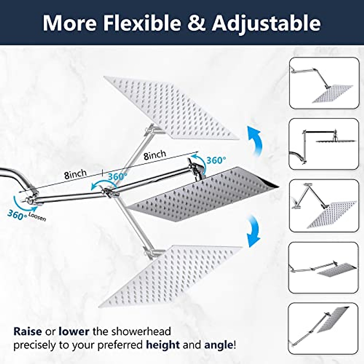 PDPBath 10" Rain Shower Head with 16" Adjustable Height&Distance Extension Arm, 304 Stainless Steel High Pressure Rainfall Showerhead, All Metal Square Waterfall Showerhead with Extender - Chrome