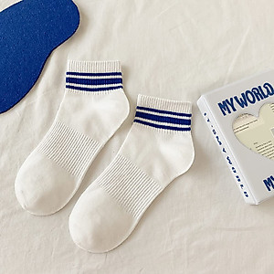 Xhonp 5 Pairs Cute Big C Letter Crew Socks Checkerboard Socks Striped Socks for Women Socks (Short-Length Blue)