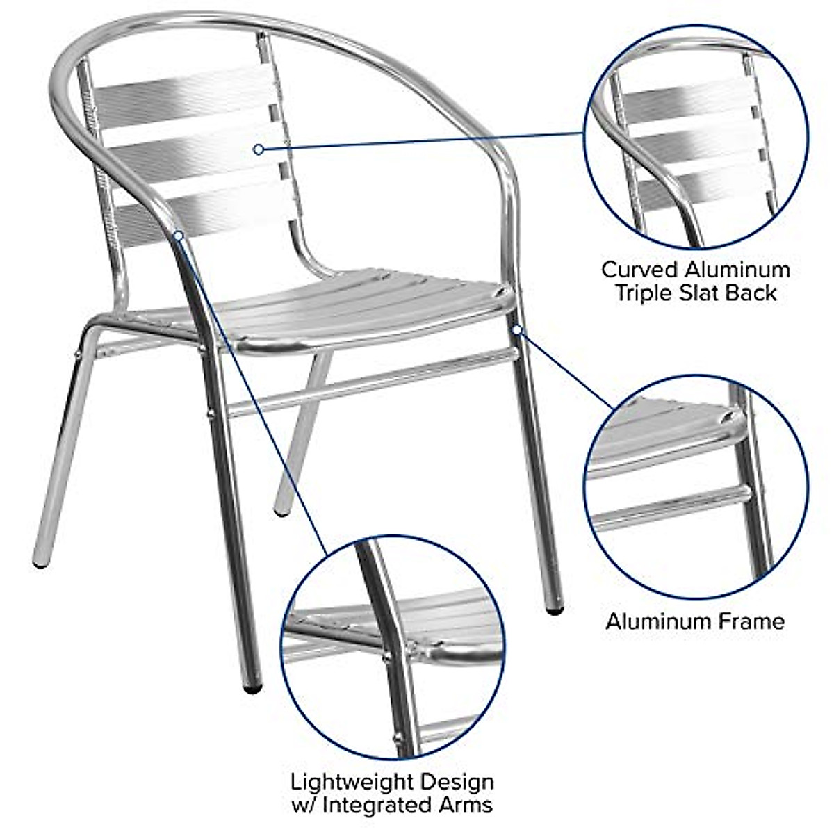 EMMA + OLIVER Aluminum Indoor-Outdoor Stack Chair with Triple Slat Back and Arms