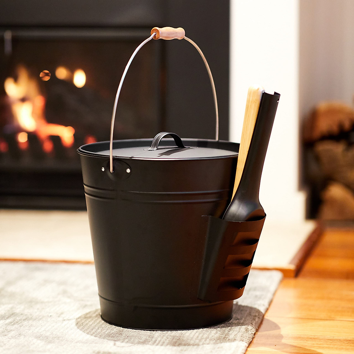 Noxvoya Metal Ash Bucket with Lid and Shovel, Brush, Black - Heavy-Duty, Modern Coal Bucket with Fireplace Scoop for Indoor Fireplaces, Outdoor Fire Pits, Grill - Premium, Compact Fireplace Tools