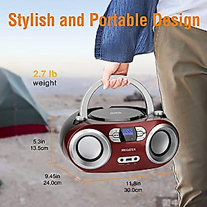 MEGATEK Portable CD Player Boombox with FM Radio, Bluetooth, USB, Aux-in and Headphone Jack, CD-R/RW and MP3 CDs Compatible, Enhanced Stereo Sound, AC/Battery Operated - Cherry Red