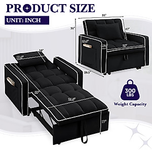 Convertible Sleeper Chair Bed, 3 in 1 Modern Velvet Pull Out Sofa Bed Chair, Small Tufted Single Sleeper Chair with Adjustable Backrest/Pillow for Living Room, Small Spaces, Apartment, Office, Black