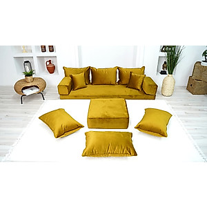 Gold Velvet Fabric Floor Seating, Sectional Sofa, Velvet Floor Sofa, Meditation Sofa, Arabic Floor Sofa Set, Floor Couches (Sofa Full Set, 4'' Thickness Sofa)