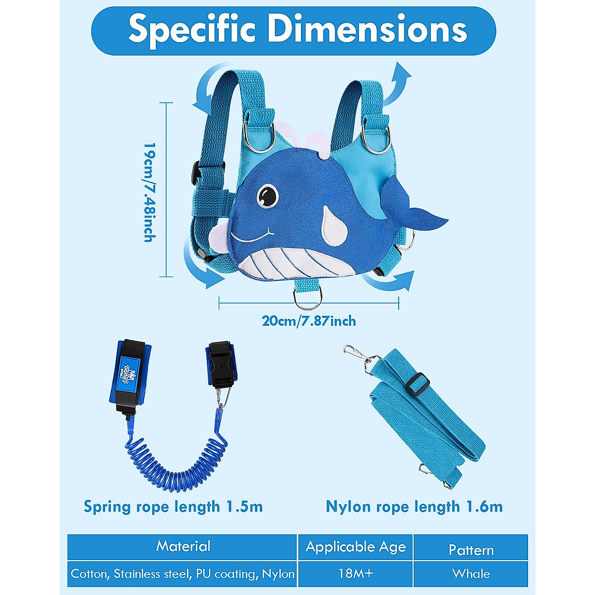 Lehoo Castle Toddler Leash for Walking, Baby Leashes for Toddlers 4-in-1, Kid Harness with Leash, Child Safety Leash Anti Lost Wrist Link (Whale)