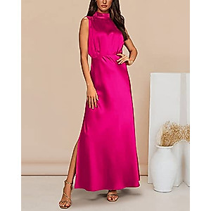 BTFBM Women Sleeveless Mock Neck Cocktail Dresses Keyhole Elastic Waist Party Wedding Guest Satin High Split Maxi Dress(Solid Rose Red, Small)