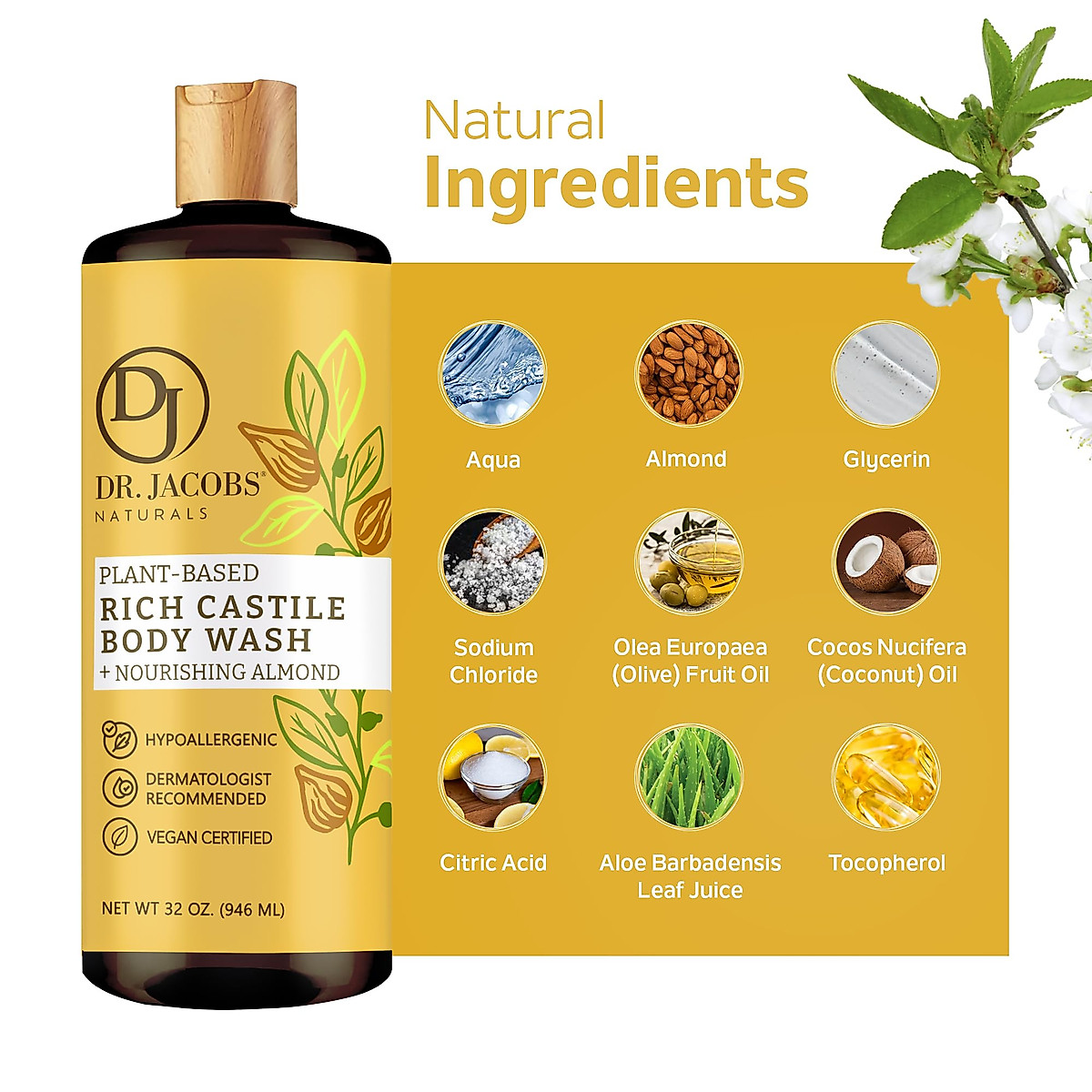 DR.JACOBS NATURALS Dr. Jacobs Naturals Pure Castile Liquid Soap - Natural Face and Body Wash, Almond Honey 32 oz.