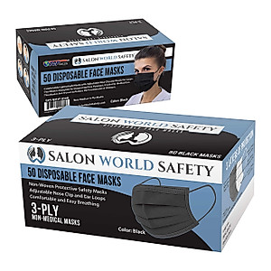 TCP Global Salon World Safety - Sealed Dispenser Box of 50 Black Face Masks Breathable Disposable 3-Ply Protective PPE with Nose Clip and Ear Loops