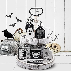 MISBEST Halloween Tiered Tray Decor,Halloween Decorations Hunted House Black Cat BOO Spooky Halloween Table Wooden Sign Halloween Tiered Tray,Halloween Shelf Decoration Fall Farmhouse Decor