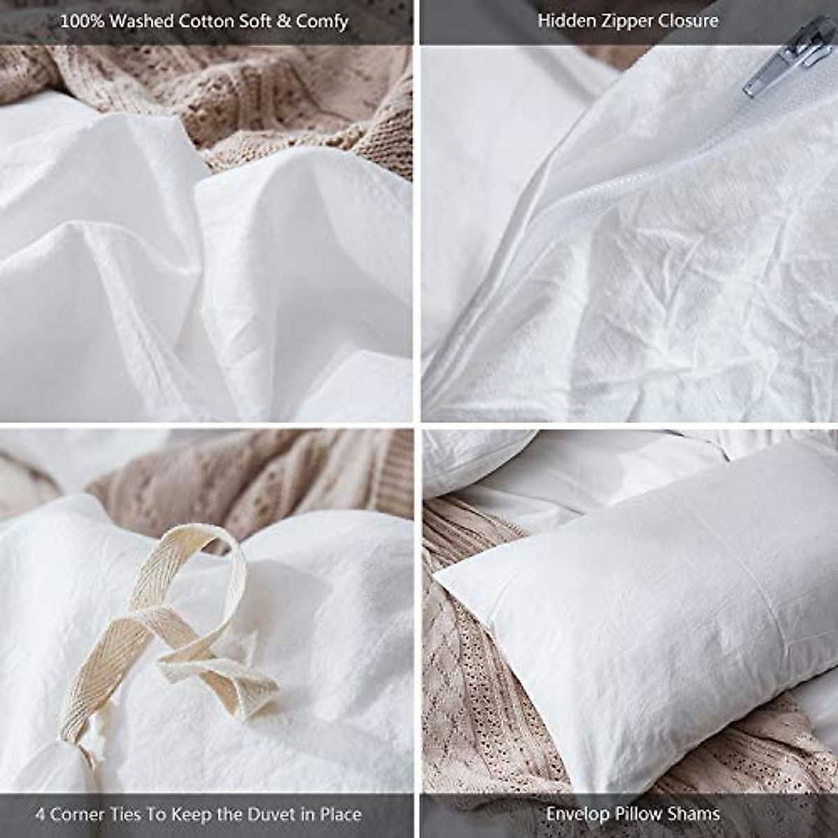 MooMee Bedding Duvet Cover Set 100% Washed Cotton Linen Like Textured Breathable Durable Soft Comfy (Off White, Queen)
