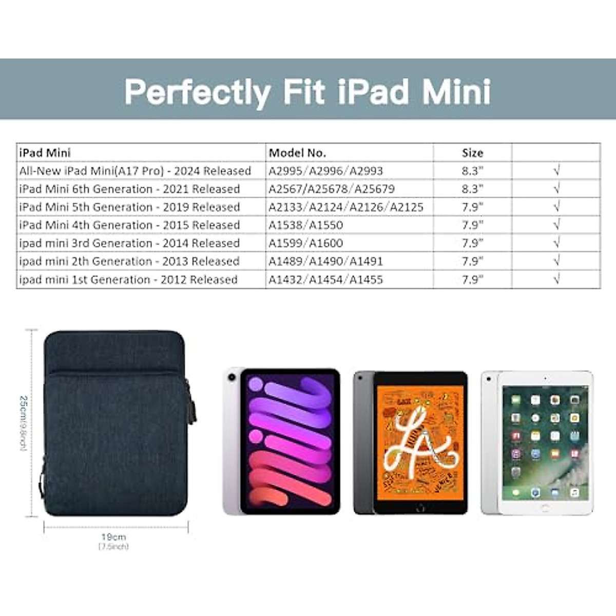 TiMOVO 8-9 Inch Tablet Sleeve Case for All-New iPad Mini 7 (A17 Pro, 2024), iPad Mini 6 (8.3-Inch, 2021), iPad Mini 5/4/3/2/1, Protective Pouch Bag with Multiple Pockets, Indigo