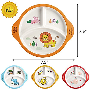 ZOOFOX 4 Pieces Kids Divided Plates, Bamboo Portion Plate with 3 Compartment, Unbreakable Cartoon Tray for Toddlers, Dishwasher Safe, BPA Free