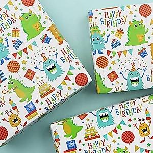 Happy Birthday Little Monsters Wrapping Paper Set of 4 Sheets Folded Flat 20x28 inches Per Sheet For Boys Kids Girls Men Women, Colorful Gift Wrap Paper For all Birthday Party Baby Shower Kindergarten Celebrating Occasions