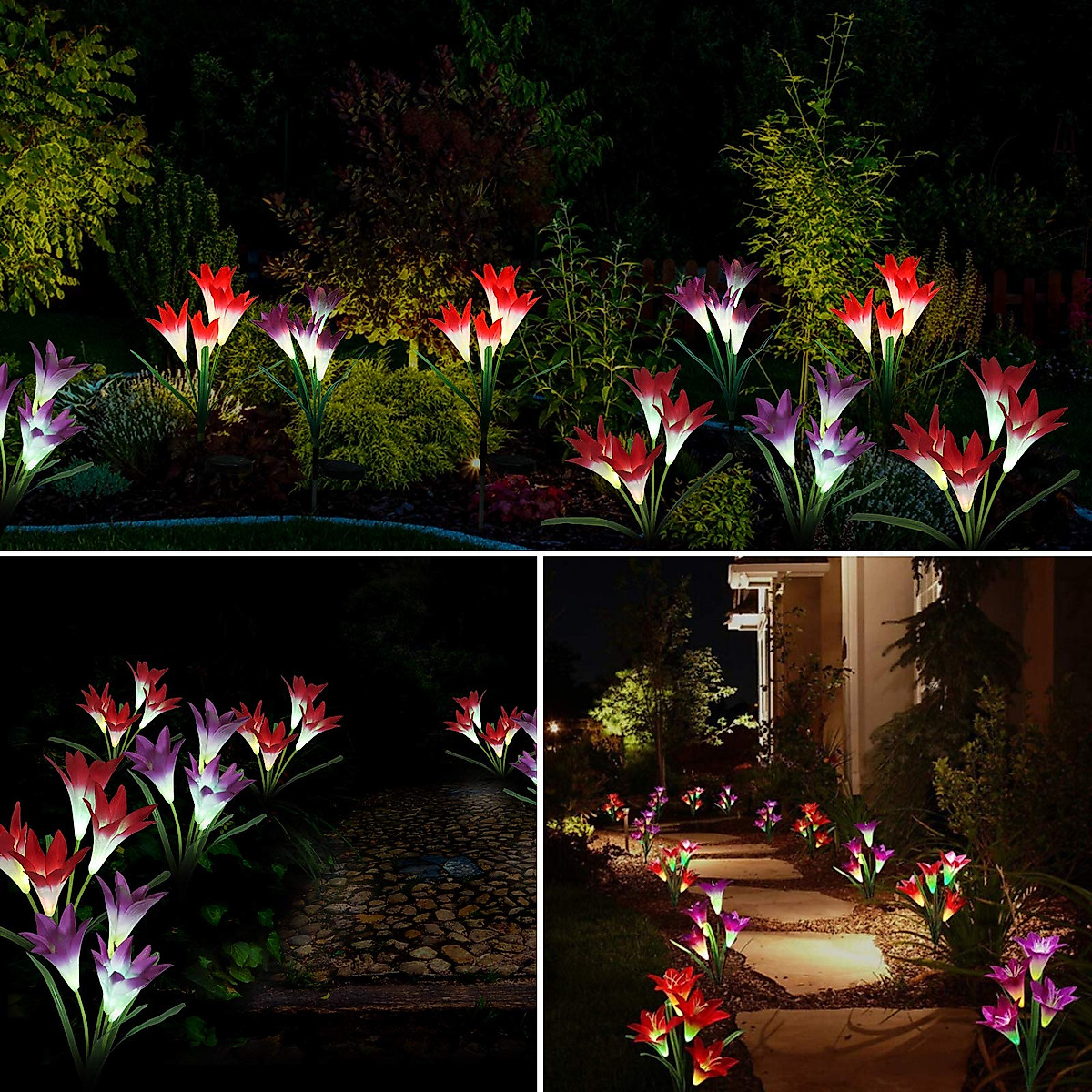 Hatstart Outdoor Solar Garden Lights,4 Pack Solar Patio Lights with 16 Bigger Lily Flower Lights Waterproof 7 Colors Changing LED Solar Powered Lights for Garden, Patio, Pathway