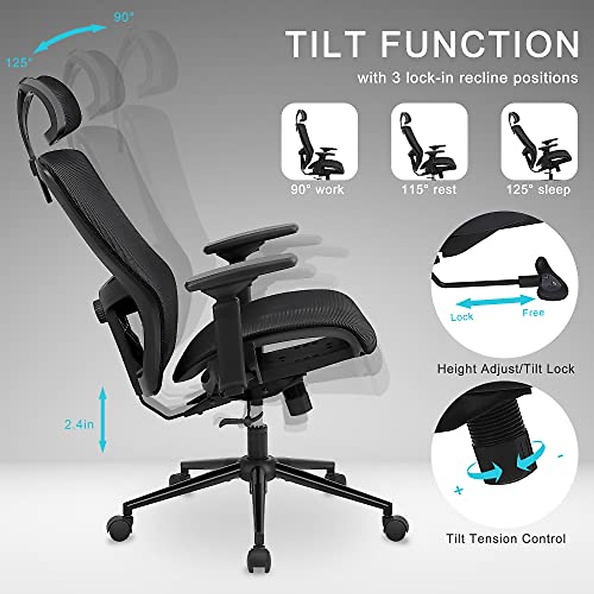 Youhauchair Ergonomic Office Chair, Home Office Desk Chairs with Adjustable Headrest and Lumbar Support, 3D Armrests, Tilt Lock Function, High Back Swivel Mesh Computer Chair