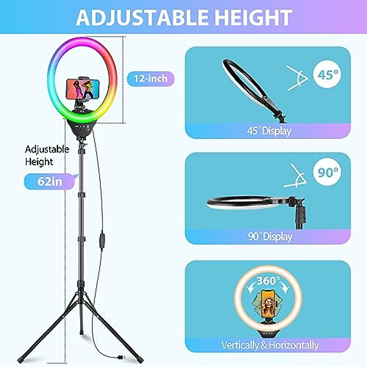 Sensyne 12" Ring Light with 62" Extendable Tripod Stand, LED Circle Light with RGB Modes for Selfies/Live Stream/Video Recording/TikTok/Photography