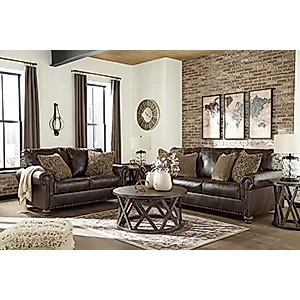 Signature Design by Ashley Nicorvo Traditional Faux Leather Sofa with Gold Nailhead Trim, Brown