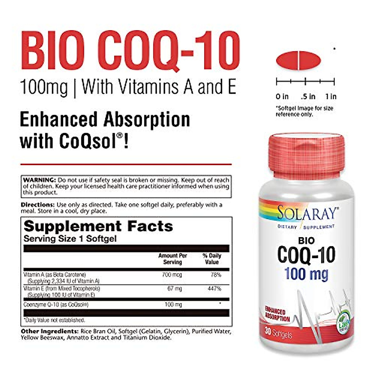 SOLARAY Bio CoQ-10 100 mg | Enhanced Absorption | Vitamins A & E | Healthy Heart & Cellular Energy Support (30 CT)