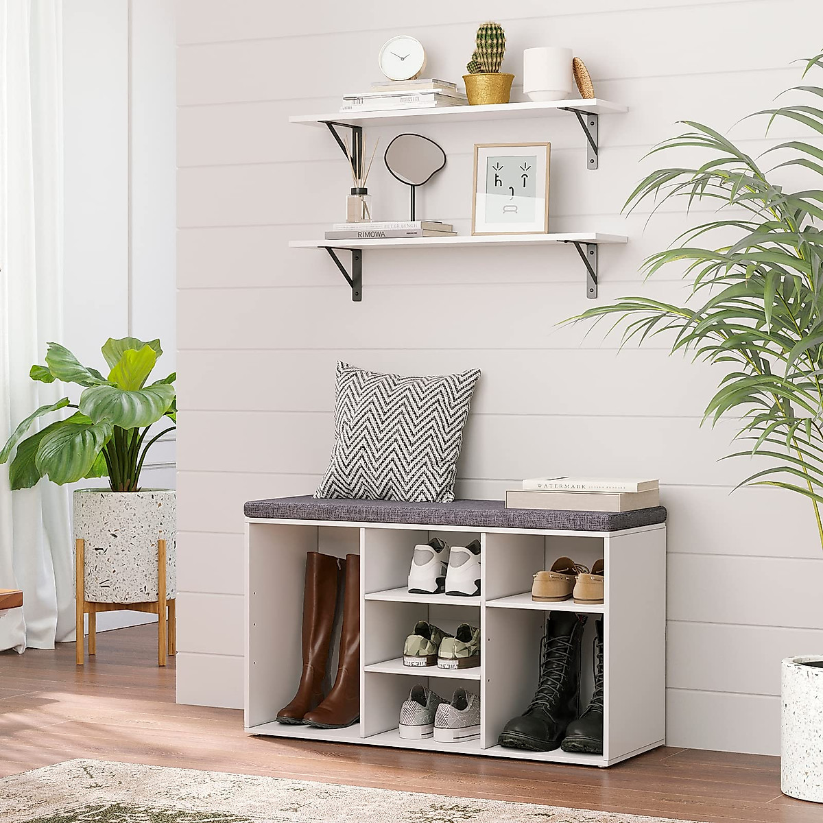 DINZI LVJ Shoe Storage Bench with Cushion, Cubby Shoe Rack with 9 Cubbies, Adjustable Shelves, Multifunctional Shoe Organizer Bench for Entryway, Mudroom, Hallway, Closet and Garage, White