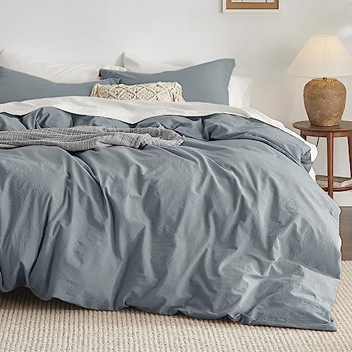Bedsure 100% Washed Cotton Duvet Cover Queen - Grey Blue Minimalist Cotton Duvet Cover Set Linen Like - 3 Pieces Plain Simple Cotton Duvet Cover Set with 2 Pillow Shams (Grey Blue, Queen, 90"x90")