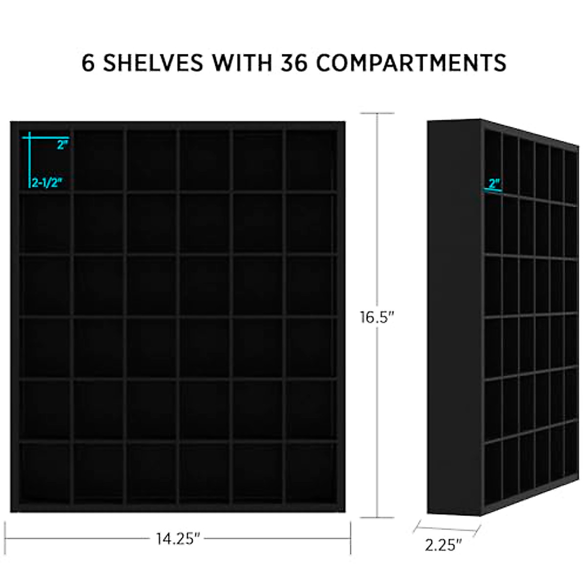 36-Cubby Shot Glass Display Case with Easy Wall Mounting Hooks - Durable Wood Construction with Sleek Black Finish - Versatile Use for Mini Collectibles