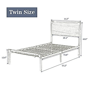 Allewie Twin Size Bed Frame with Wood Headboard, Metal Platform Frame with Strong Slats and Rivet Decoration, Easy Assembly, No Box Spring Needed, Noise Free, Brown