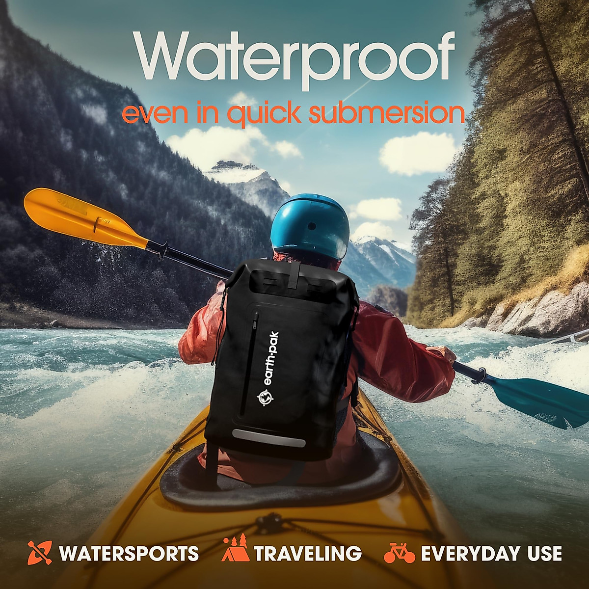 Earth Pak Waterproof Backpack - Heavy Duty Hiking Backpack - Roll-Top Closure - Waterproof Bag - Cushioned Dry Bags Waterproof w/ IPX8 Waterproof Phone Case - Wet Bag for Hiking, Kayak(Black, 35L)