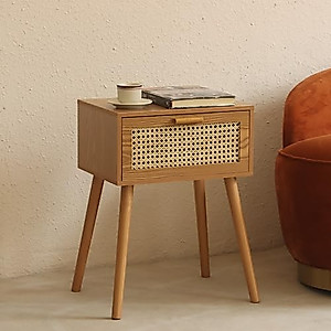 AWASEN Mid Century Nightstand, Rattan Side Table with Drawer, Modern Bedside Table with Storage and Solid Wood Legs for Living Room, Bedroom and Small Space (Brown)