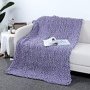 Queenshin Luxury Chenille Chunky Knitted Throw,Christmas 1000 GMS Large Cable Knit Soft Fluffy Blanket for Sofa Couch Bed 50 * 60 inch, Grey