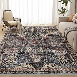 Smiry Boho Area Rug 4x6, Non Slip Vintage Rugs for Living Room, Faux Wool Fiber and Machine Washable for Bedroom Dining Room Kitchen Laundry Home Office, Rust