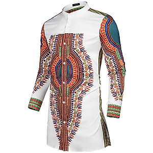 COOFANDY Men's African Dashiki Print Shirt Long Sleeve Button Down Shirt Bright Color Tribal Top Shirt White