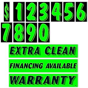VERSA-TAGS 7.5" Black/Green Vinyl Number Decals 11 Dozen Set Windshield Pricing & 1 Pack of Each of Extra Clean, Financing Available, Warranty 14.5" x 2.75" Sticker Windshield Decal Auto Dealership