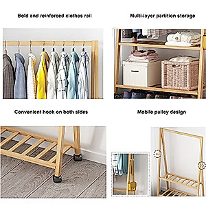 ZJDU Solid Wood Garment Rack,Clothes Rack with Shelves -Rolling Closet Organizer,with Storage Shelves Clothes Hanging Rack, for Entry Ways, Bedrooms,Brown,60×35×150cm