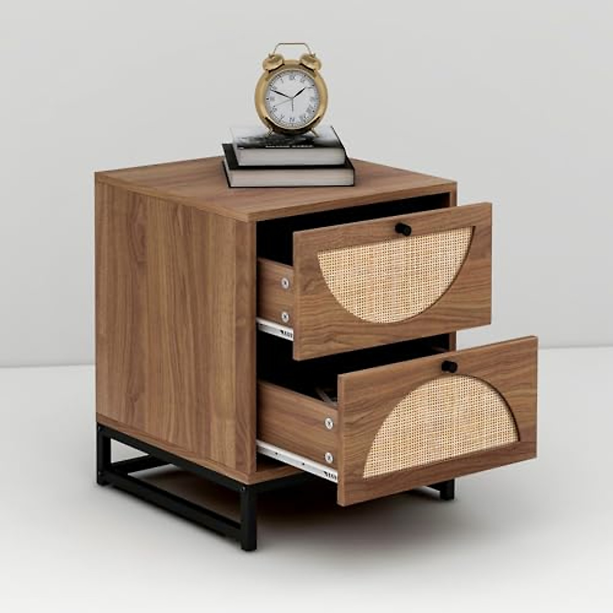 Woenei Rattan Nightstands End Table-Night Stand with 2 Drawers, Wood Accent Cabinet Set,Farmhouse Side Table with Storage, Bedside Tables for Living Room, Bedroom (1, Walnut)