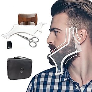 5 Sets Beard Care Grooming Kit/Beard Shaper,Wood Comb with Leather Case,Mustache Scissors,Storage Toiletry Bag,Beard Template for Men Beard Lineup Guide for Shaving