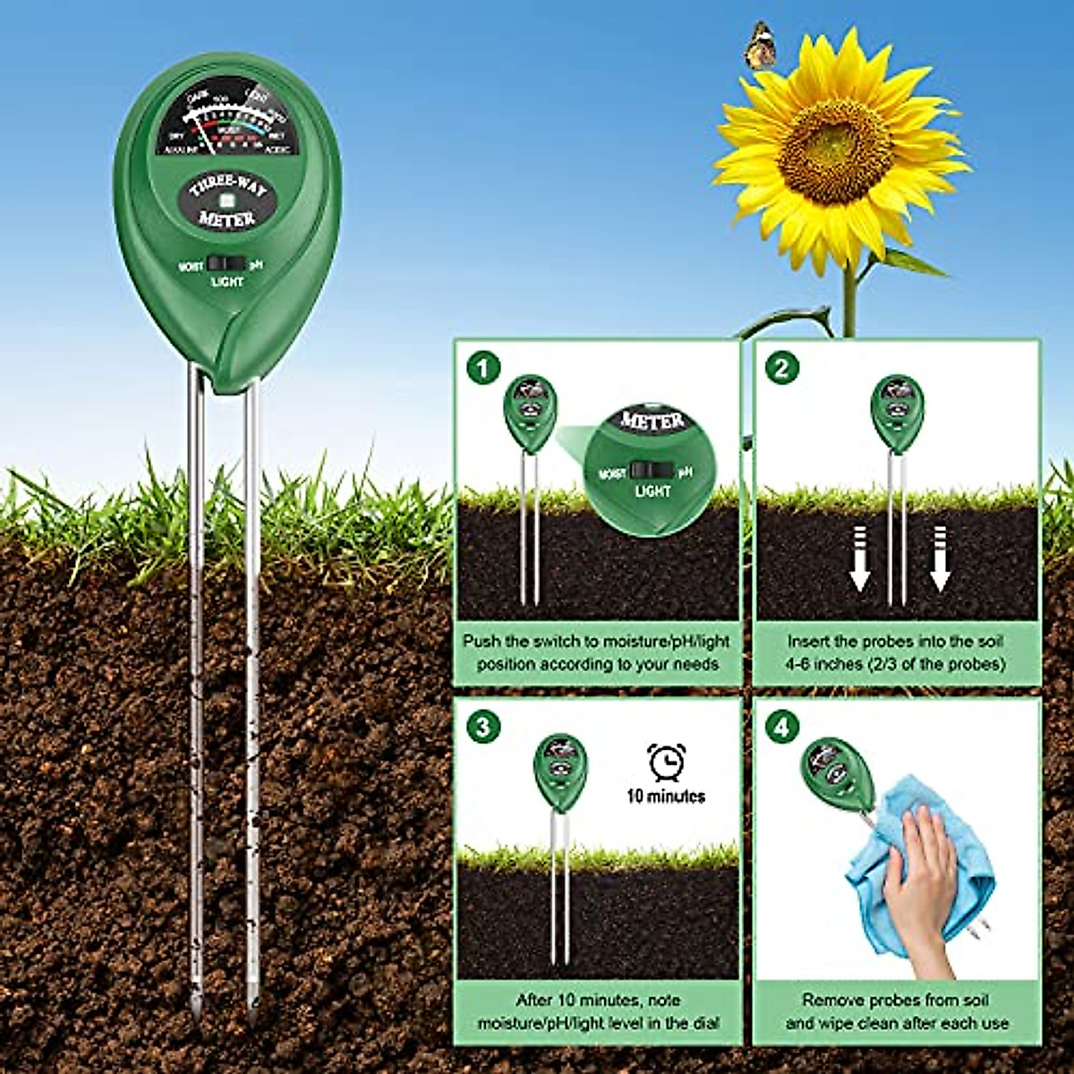 Atree Soil pH Meter, 3-in-1 Soil Tester Kits with Moisture,Light and PH Test for Garden, Farm, Lawn, Indoor & Outdoor (No Battery Needed)