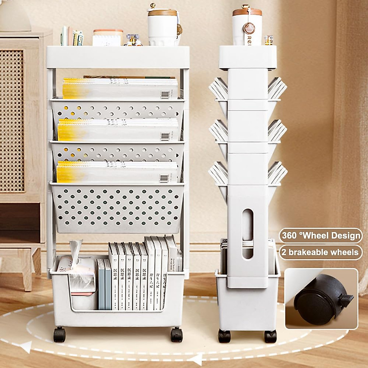 XIYAO 5 Tier Book Rack Storage Bookshelf,Plastic Removable Rolling Utility Cart Multi-Functional Movable Storage Book Shelves with Lockable Casters for Students Study Office Classroom,White