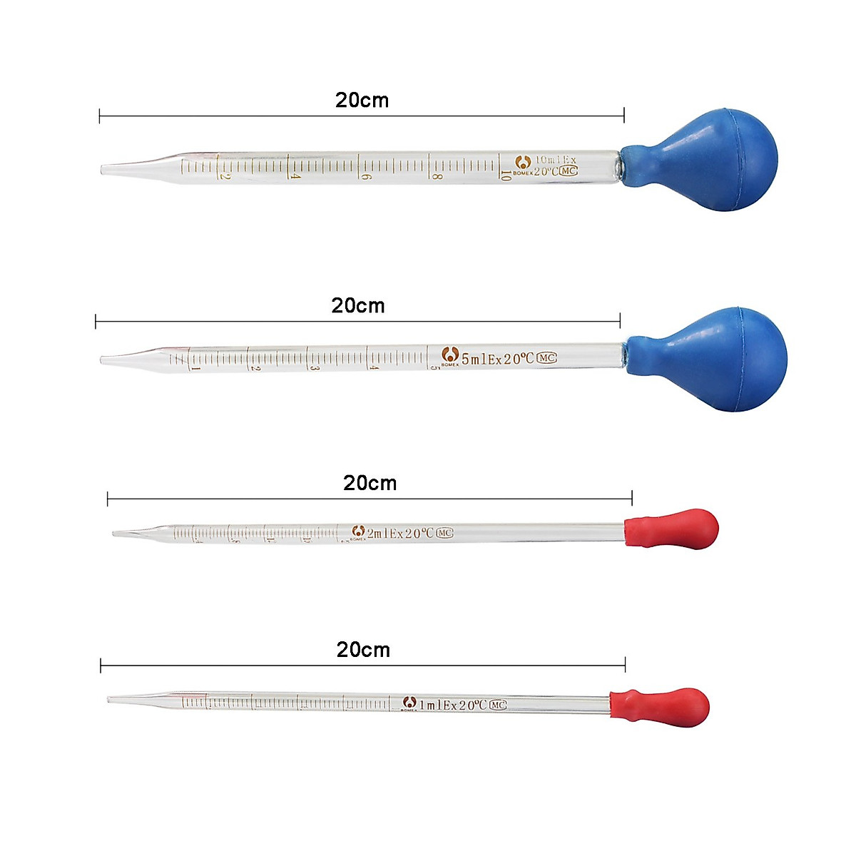 Luckkyme 4pcs Thick Glass Graduated Dropper Pipettes and Liquid Pipettors with Scale Line Silicone Rubber Caps 1ml 2ml 5ml 10ml