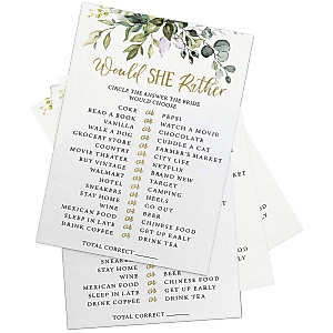 Printed Party Bridal Shower Games – Would She Rather Game with Fun Bride-to-Be Trivia, Wedding Shower Activity, Botanical Eucalyptus Theme, 50 Guests