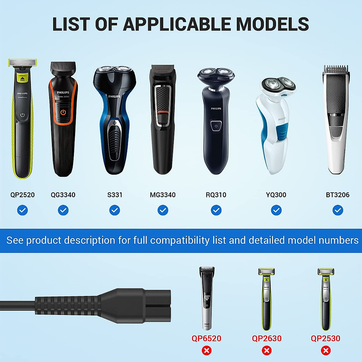 Replacement for Norelco Oneblade A00390 Power Cord, 4.3V for Philips Norelco One Blade QP2520 Charger Phillips Razor QP2520, QP2520/90, QP2520/72, QP2520/70 QP2620, QG3330, MG5700 Charging Cable