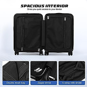 ioiohahaun 20 Inch Carry On Luggage with Pocket Compartment - PC Hard Suitcase with USB Port - 22x14x9 Travel Luggage Airline Approved - Black