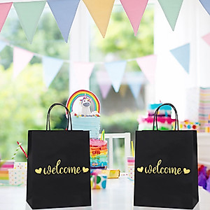 QIELSER Welcome Gift Bags Bulk 50 Pcs Medium, Gold Foil Welcome Black Paper Wedding Bags with Handles for Retail Shopping, Wedding, Baby Shower Holiday, Party Supplies, Size 8x4.75x10 Inches