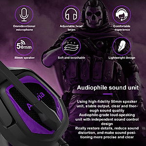 Anivia Over Ear Headphones Wired with Surround Sound, Bass, Volume-Control, Soft Memory Earmuffs for Multi-Platforms - 3.5mm Headsets Stereo Gaming Headset with Microphone - Black Purple