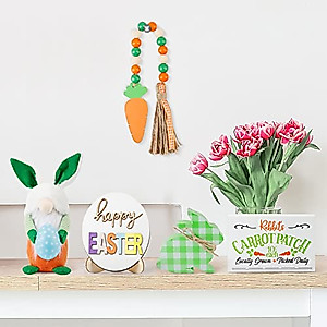AKEROCK Easter Tiered Tray Decor, Easter Table Decorations Set with Plush Gnome Bunny & 3 Farmhouse Wooden Signs & Wooden Bead Garland for Home Decor (Tray not Included)