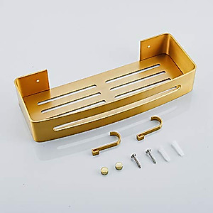 Brushed Gold Shower Shelf Adhesive or Drilling Shower Caddy Bathroom Cosmetic Shelf with Hooks