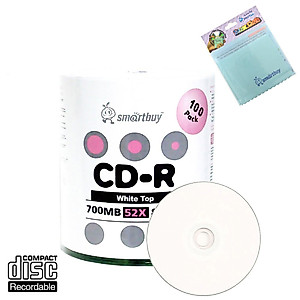 Smartbuy 100-disc 700mb/80min 52x CD-R White Top Blank Recordable Disc + Free Micro Fiber Cloth