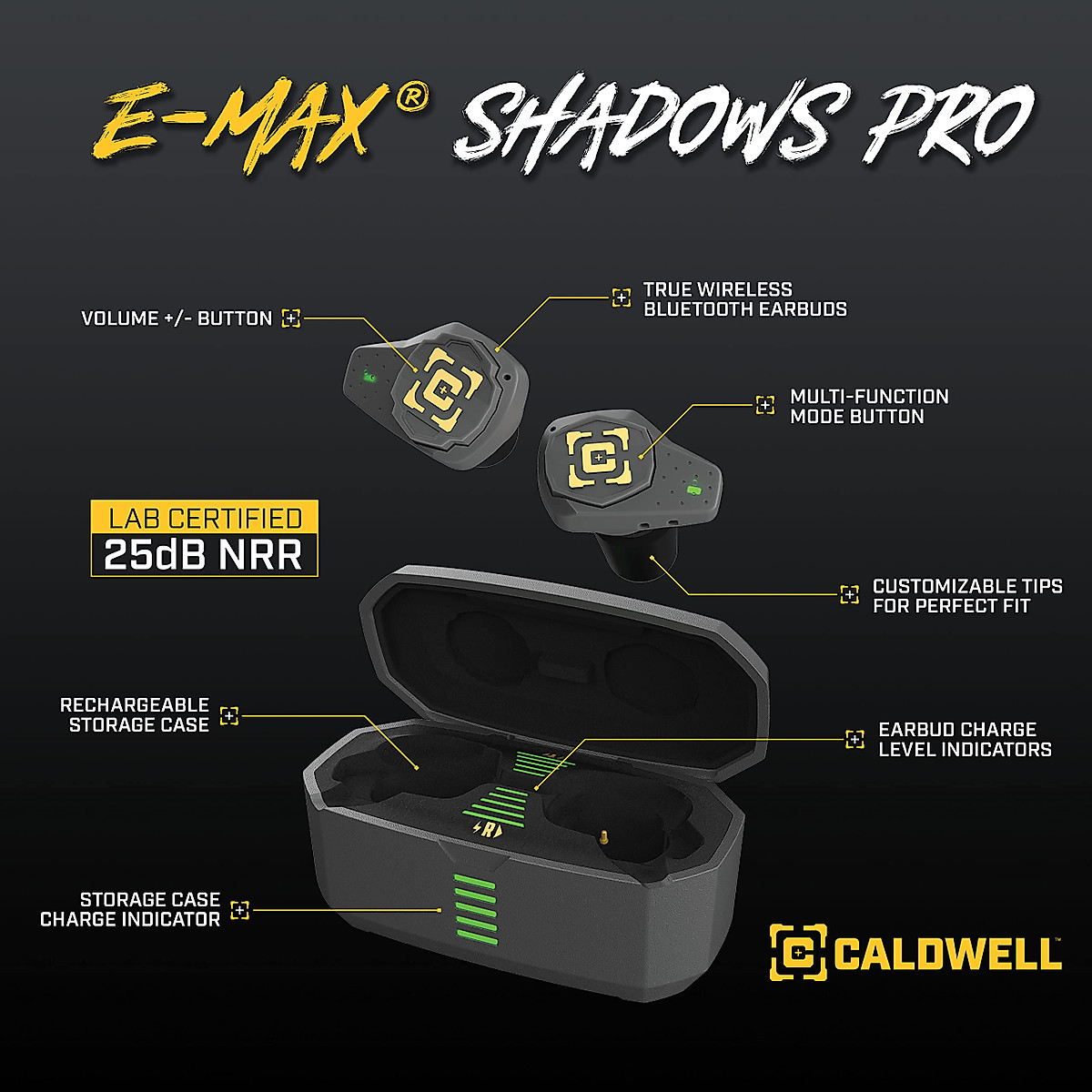 Caldwell E-MAX Shadows Pro - Electronic Hearing Protection with Ambient Sound Amplification, Bluetooth, Rechargeable Case for Shooting, Range