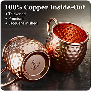 Moscow Mule Copper Mugs | Set of 4 Hammered Cups | 100% HANDCRAFTED Pure Solid Copper | Gift Set With Cocktail Straws | Shot Glass | Coasters | Copper Stirrer & Beer opener By Copper-Bar