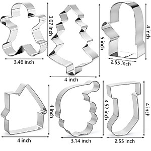 Christmas Cookie Cutters,6 Pcs Large Size Santa Face,Christmas Sock,Glove,Tree,Gingerbread Men,House Shapes Stainless Steel Molds for Cakes,Biscuits,Sandwiches,fondant and Pancakes