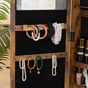 sogesfurniture Lockable Floor Standing Wooden Jewelry Armoire with Full Length Mirror 360°Rotatable Jewelry Organizer Cabinet Lockable with Storage Shelf, Rustic Brown,BHUS-QH-7021C-FG